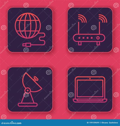 Set Line Social Network Radar Router And Wi Fi Signal And Laptop