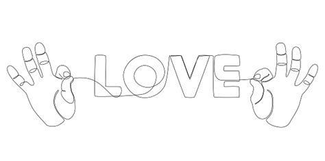 사랑의 단어가 있는 끈을 잡고 있는 두 손의 연속적인 한 줄 얇은 선 그림 벡터 개념입니다 윤곽 그리기 창의적인 아이디어 검은색에 대한 스톡 벡터 아트 및 기타 이미지