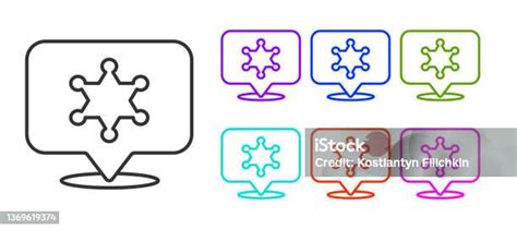 흰색 배경에 격리 된 검은 줄 헥사그램 보안관 아이콘 경찰 배지 아이콘 다채로운 아이콘을 설정합니다 벡터 경찰 배지에 대한 스톡