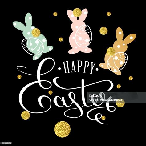 행복 한 부활절 레터링 인사말 낙서 부활절 달걀과 토끼 검은 배경에 카드 서 예 문자입니다 붓글씨 펜 비문입니다 벡터 일러스트 Eps 10입니다 격언에 대한 스톡 벡터 아트