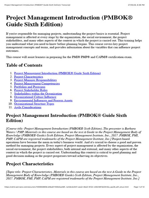 Project Management Introduction Pmbok® Guide Sixth Edition Transcript