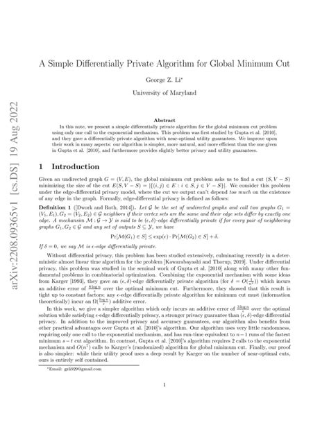 a simple differentially private algorithm for global minimum cut deepai