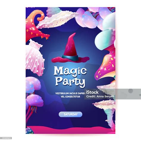 포스터 공지 전단지 잡지 책 표지 소책자 카피 스페이스배너 템플릿 다채로운 판타지 매직 버섯 곰팡이와 비현실적인 무증 한 빛나는