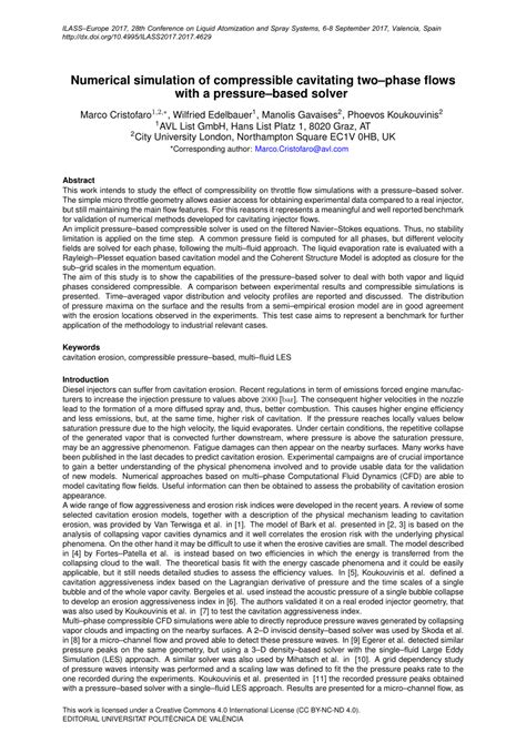 Pdf Numerical Simulation Of Compressible Cavitating Two Phase Flows
