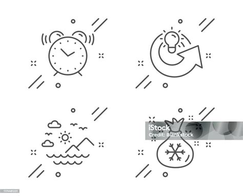 알람 시계 바다 산 및 공유 아이디어 아이콘 세트 산타 자루 기호입니다 시간 여름 여행 솔루션 선물 가방입니다 벡터 가방에 대한