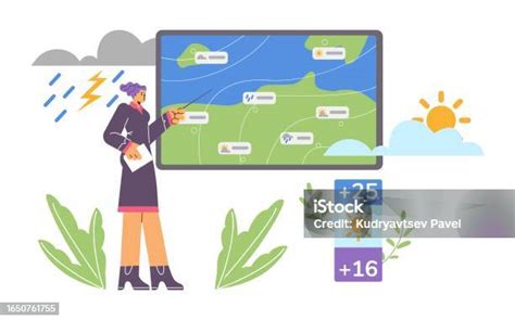 여성 기상학자가 화면 지도를 가리키고 일기 예보 강수량 온도 벡터 삽화에 대한 보고서를 보고한다 가리키기에 대한 스톡 벡터 아트 및 기타 이미지 Istock