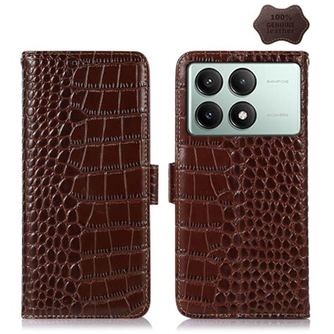 适用于小米 Redmi K70epoco X6 Pro 侧吸头层牛皮双色鳄鱼纹手机皮套（棕色）