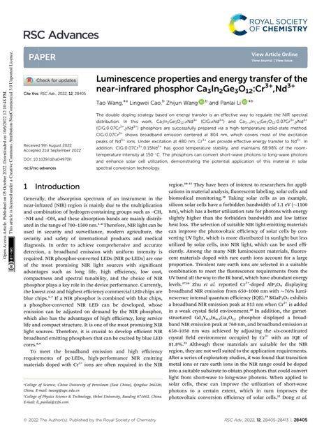 Pdf Luminescence Properties And Energy Transfer Of The Near Infrared
