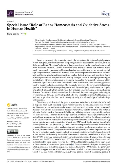 Pdf Special Issue Role Of Redox Homeostasis And Oxidative Stress In Human Health