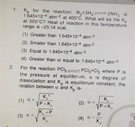 For The Reaction Pcl5 ⇌pcl3 Cl2 Where P Is The Pressure At Equilibrium