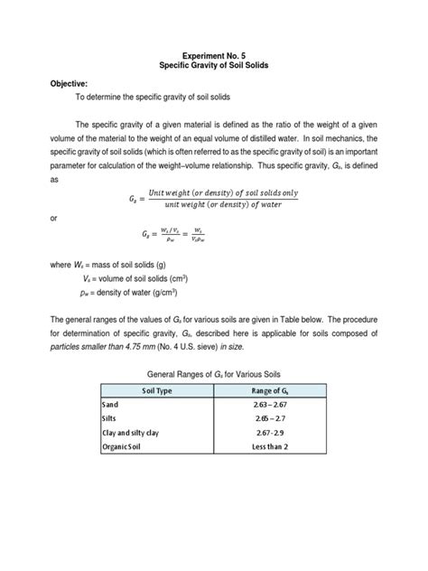 Experiment No 5 Specific Gravity Of Soil Solids Objective Pdf