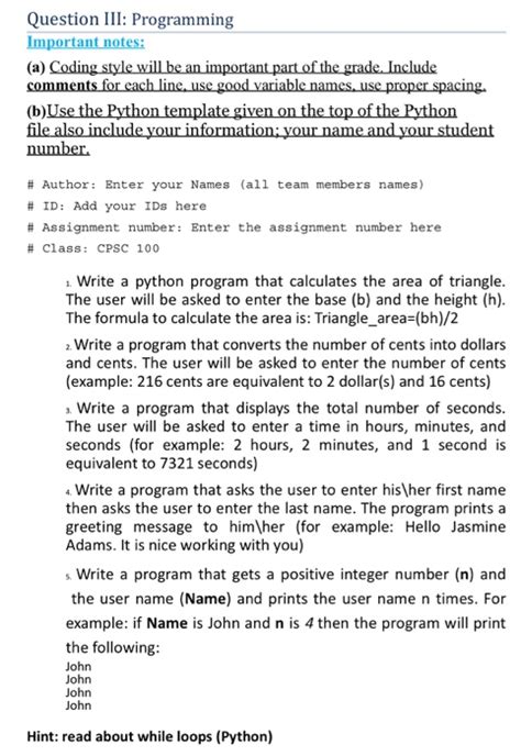 Solved Question III Programming Important Notes A Coding Chegg