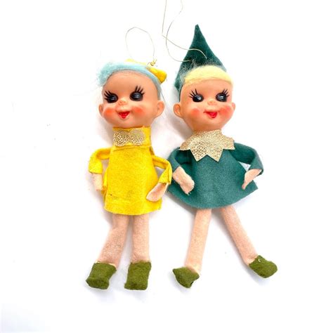 Vintage Set Of 2 Pixie Elves Plastic Christmas Ornament 1950