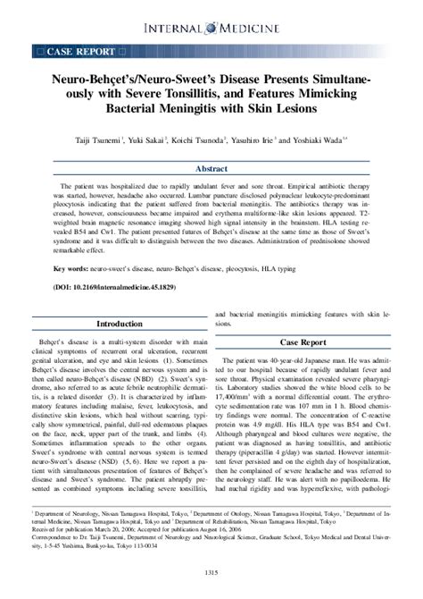 Pdf Neuro Behçets Neuro Sweets Disease Presents Simultaneously With Severe Tonsillitis And