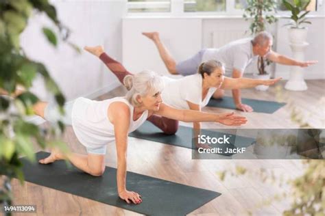 ผู้หญิงที่เป็นผู้ใหญ่ดันขึ้นและอยู่บนมือและเท้าด้วยร่างกายที่ตรงขณะฝึกท่าไม้กระดานหรื ภาพสต็อก