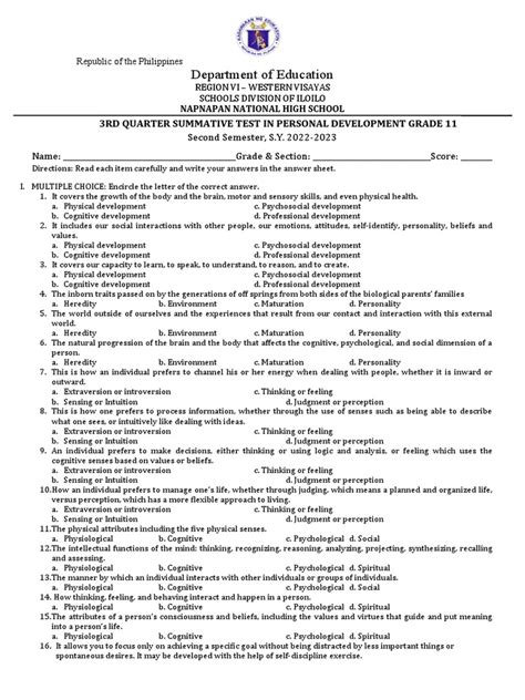 Grade 11 Perdev 3rd Qtr Sum Pdf Thought Feeling