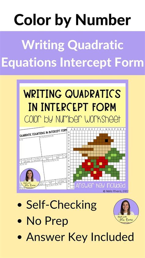Writing Quadratic Equations In Intercept Form Color By Number Pixel Art Worksheet Made By