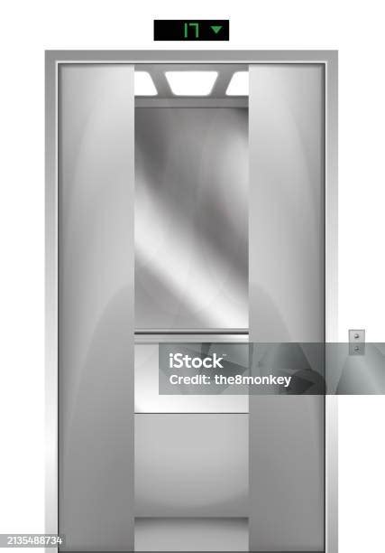 현대식 승객 또는 화물 엘리베이터 반쯤 닫힌 금속 캐빈 도어가 있는 리프트 사무실 건물의 엘리베이터 문 바닥 표시기 숫자 현실적인 벡터 일러스트 레이 션 0명에 대한 스톡