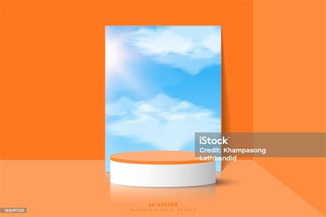 3d 화이트 오렌지 연단 디스플레이 구름 하늘 태양이 있는 쇼케이스를 위한 실린더 받침대 또는 무대는 모서리 근처의 벽에 기대어 있는 직사각형 거울 유리에 있습니다 제품