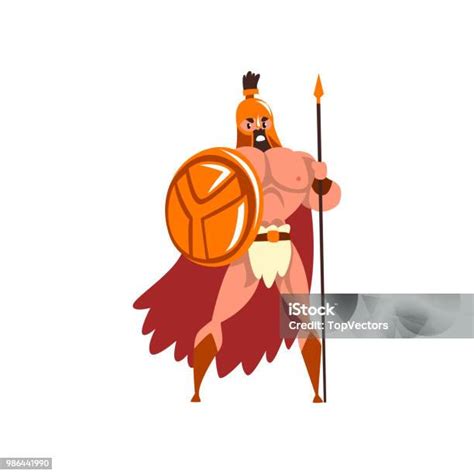황금 갑옷과 흰색 배경에 방패와 창 벡터 일러스트와 함께 서 있는 빨간 케이프에서 스파르타 전사 고전 양식에 대한 스톡 벡터 아트 및 기타 이미지 Istock
