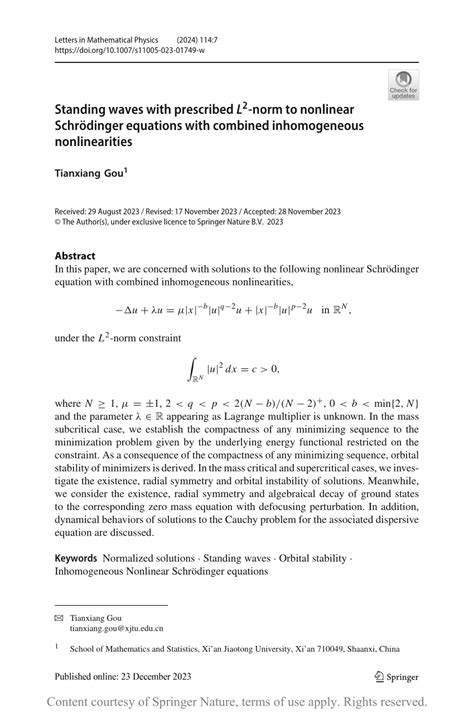 Standing Waves With Prescribed L2documentclass 12pt Minimal