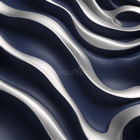 Midnight Blue Curved Wave Patterns 3d Render In Silver Edge Abstract Background Stock