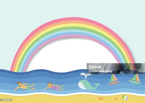 바다에서 인간의 수영으로는 레인 보우 만화 하늘과 태양 흰색 또는 연설 거품 배경 색상 고래에 대한 스톡 벡터 아트 및 기타 이미지 고래 공휴일 기포 Istock