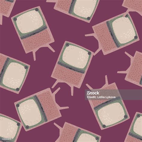 핑크 심플한 Tv 실루엣 매끄러운 낙서 패턴 만화 복고풍 기술 장식품 보라색 배경 0명에 대한 스톡 벡터 아트 및 기타 이미지