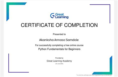 completed python fundamentals course by great learning akanksha