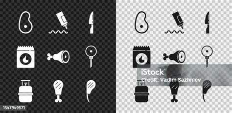 스테이크 고기 소스 병 바베큐 나이프 프로판 가스 탱크 닭 다리 립아이 스테이크 석탄 가방 및 아이콘을 설정합니다 벡터 가방에 대한 스톡 벡터 아트 및 기타 이미지 Istock