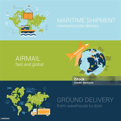 운송 및 배송 유형의 플랫 물류 개념 웹 벡터 일러스트 인포 그래픽 템플릿 집합입니다 프로세스 컬렉션 해상 선적 항공 우편 지상 배달 선박 비행기 항공기 밴 0명에 대한