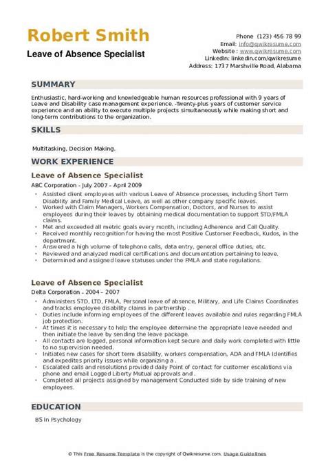 Leave Of Absence Specialist Resume Samples QwikResume