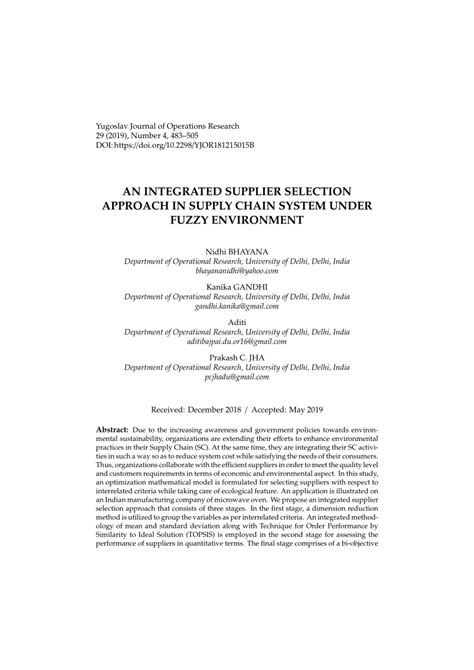 Pdf An Integrated Supplier Selection Approach In Supply Chain System Under Fuzzy Environment