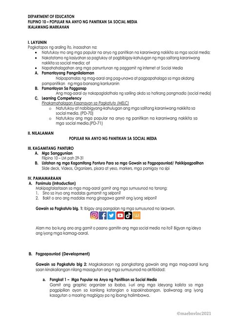 Solution Lesson Plan Filipino10 Popular Na Anyo Ng Pantikan Sa Social