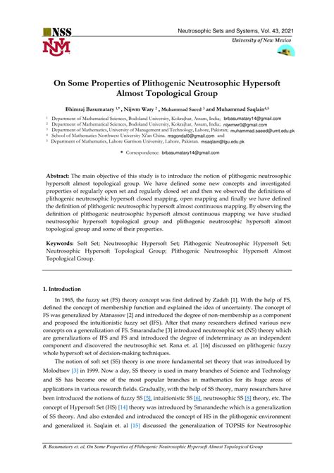 Pdf On Some Properties Of Plithogenic Neutrosophic Hypersoft Almost Topological Group