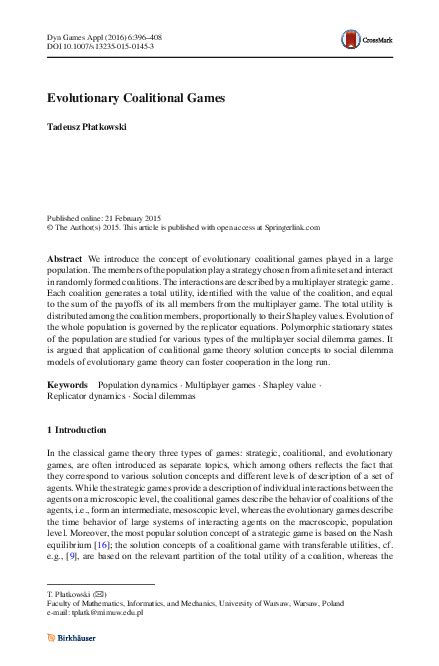 Pdf Evolutionary Coalitional Games