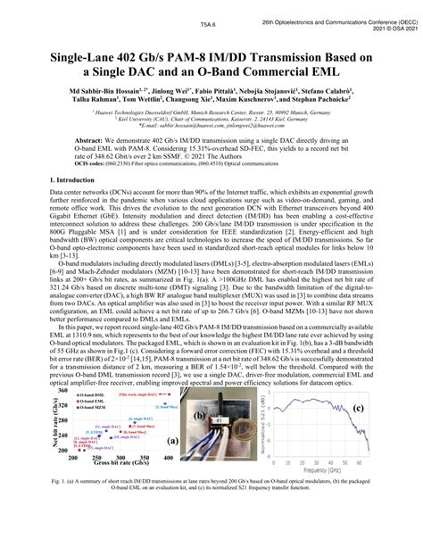 Pdf Single Lane 402 Gbs Pam 8 Imdd Transmission Based On A Single Dac And An O Band