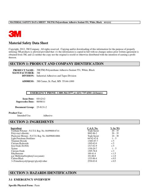 3m Polyurethane Adhesive Sealant Msds Pdf Personal Protective