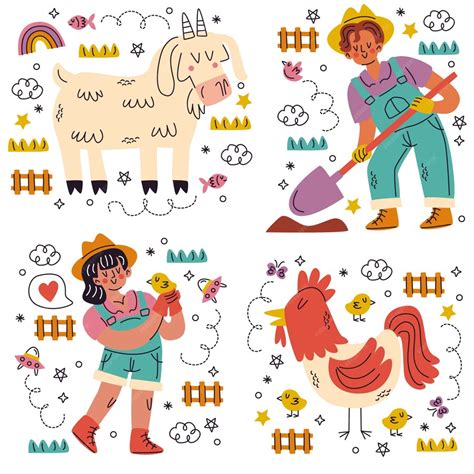 낙서 손으로 그린 농장 스티커 세트 무료 벡터