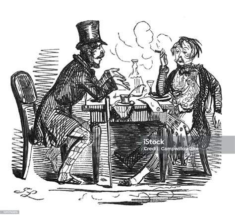 영국 풍자 만화 캐리커처 일러스트레이션 테이블에 앉아 음료를 놓고 이야기하는 두 남자 한 남자가 몸을 숙이고 담배를 피우고 있습니다 19세기에 대한 스톡 벡터 아트 및 기타