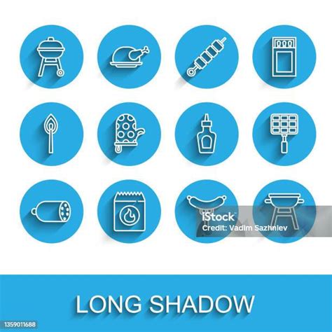 세트 라인 살라미 소시지 바베큐 석탄 가방 그릴 포크에 소시지 오븐 장갑 강철 그리드와 소스 병 아이콘 벡터 가방에 대한 스톡 벡터 아트 및 기타 이미지 Istock