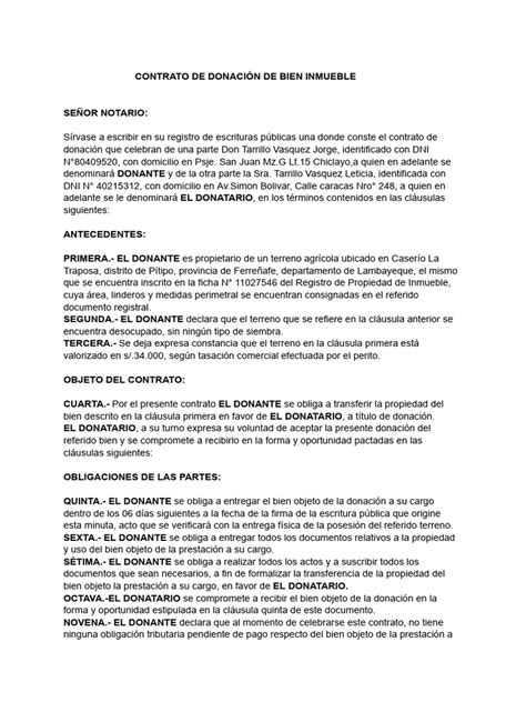 Contrato De Donación De Bien Inmueble Pdf Donación Ley Común