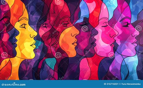 Silhouettes Of Various Womens Faces In A Vibrant Array Of Colors Stock