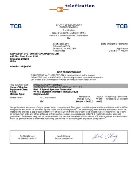 Esp32 Wroom 32u Fcc Bt Certificate Pdf Transmitter Federal Communications Commission