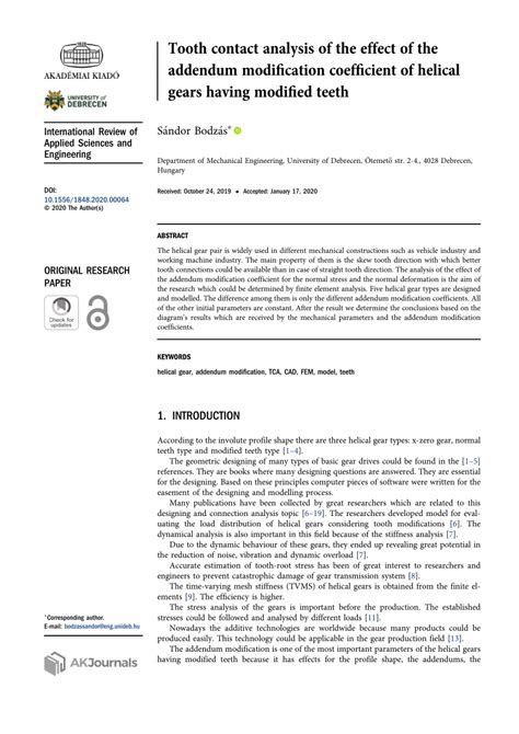 Pdf Tooth Contact Analysis Of The Effect Of The Addendum Modification Coefficient Of Helical