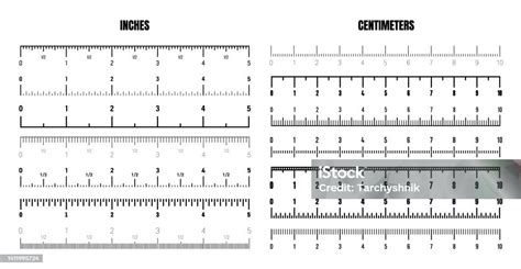 길이 또는 높이를 측정하기위한 사실적인 검은 센티미터와 인치 스케일 분할이 있는 다양한 측정 스케일 눈금자 테이프 측정 표시