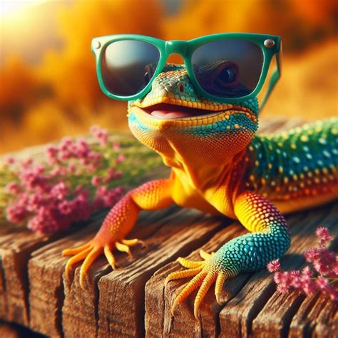 Premium Photo A Colorful Lizard With Sunglasses And A Colorful Head