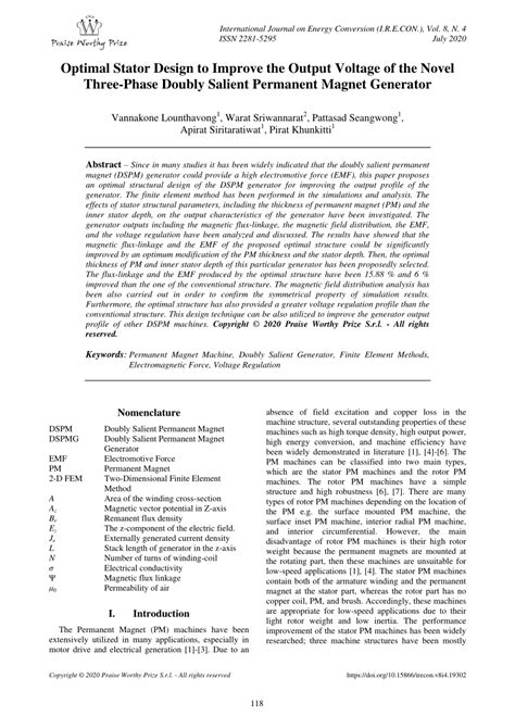 Pdf Optimal Stator Design To Improve The Output Voltage Of The Novel Three Phase Doubly