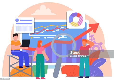 비즈니스 차트 그래프 통계 사람들은 다양한 차트와 함께 큰 화면 근처에 서있다 소셜 미디어 웹 페이지 배너 프리젠 테이션포스터 개념에 대한 스톡 벡터 아트 및 기타 이미지