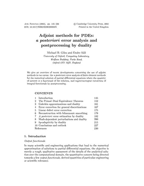 Pdf Adjoint Methods For Pdes A Posteriori Error Analysis And
